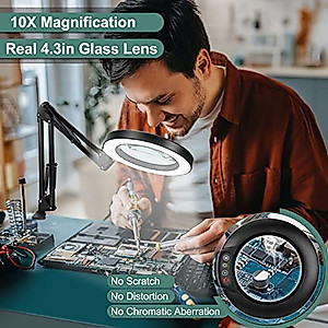 Veemagni 10X Magnifying Glass with Light, 5 Color Modes Stepless Dimmable, Adjustable Swing Arm LED Lighted Desk Lamp with Clamp, Hands Free Magnifier with Light and Stand for Craft Hobby Close Works