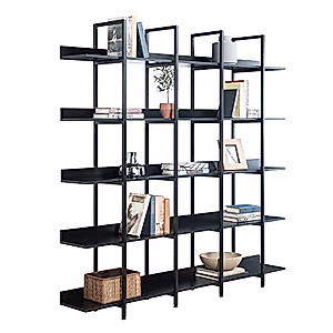 CALABASH Bookcases and Bookshelves Triple Wide 5 Tiers Industrial Bookshelf, Large Tall Bookcase Open Display Shelves with Metal Frame for Living Room Bedroom Library Home Office(Black)