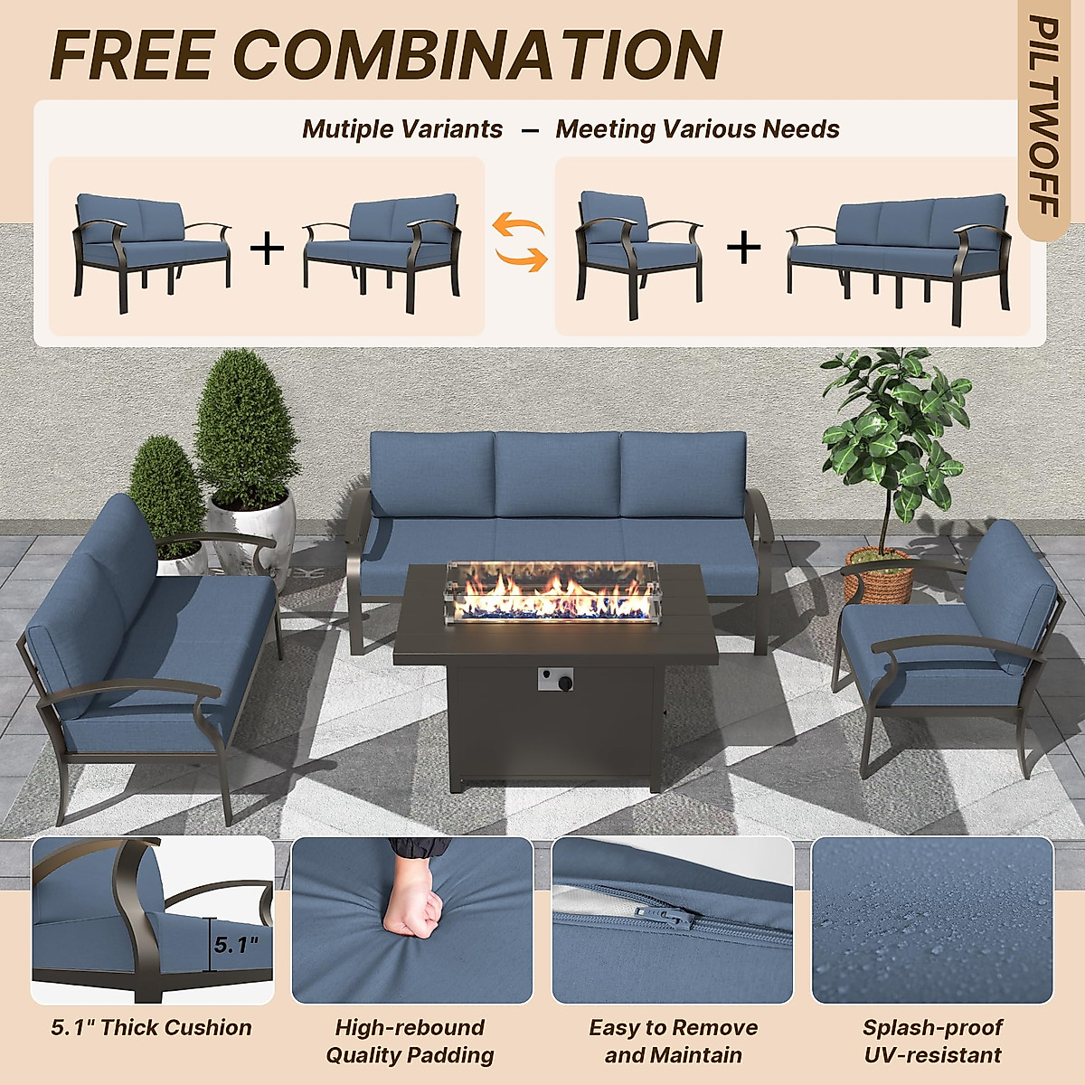 Piltwoff Aluminum Patio Furniture Set,4 Pcs Modern Outdoor Furniture with 45in CSA Propane Fire Pit Table,Patio Conversation Set with 5.1 Inch Cushion for Backyard,Navy