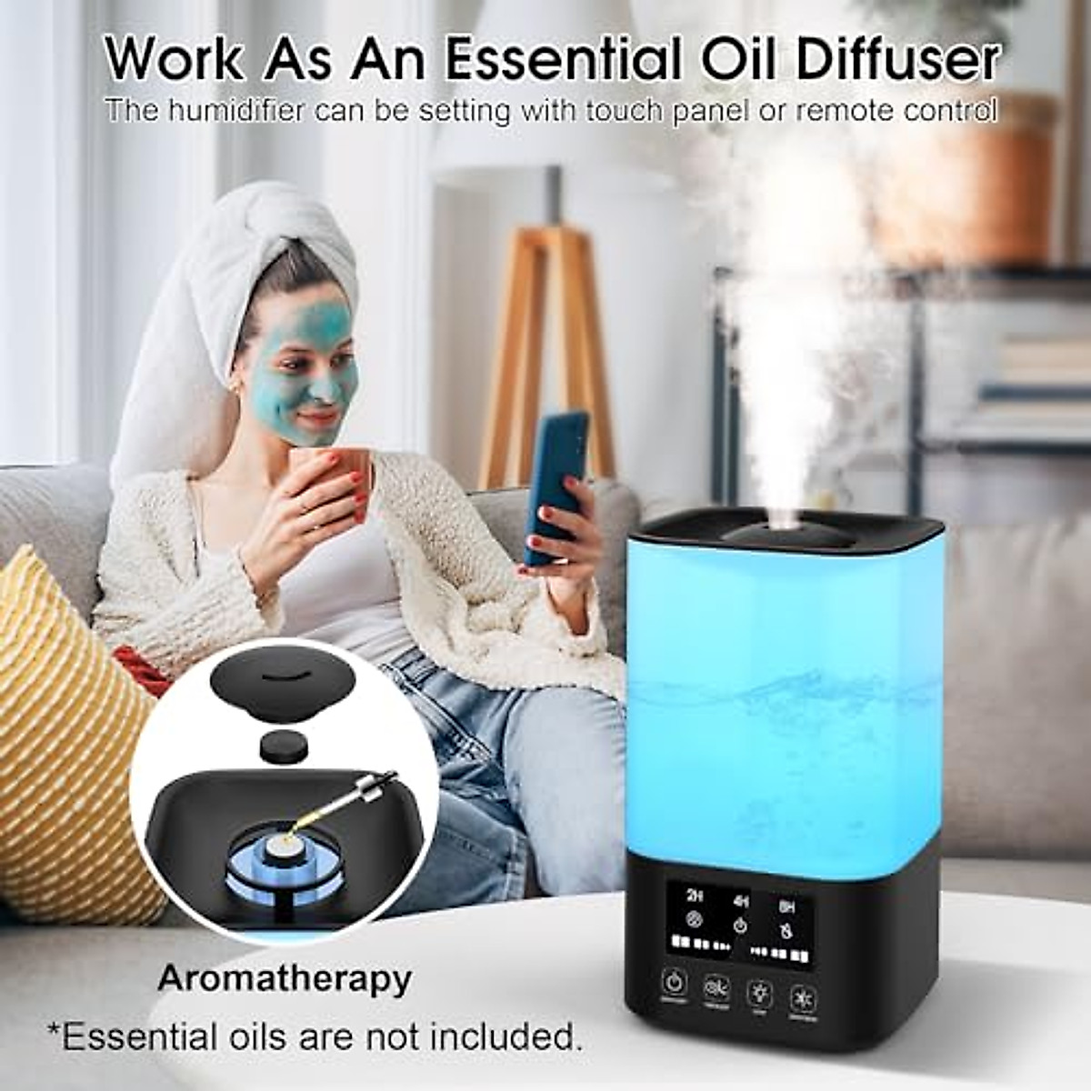 Humidifiers for Bedroom, Cool Mist Humidifiers for Large Room, 3L Top Fill Humidifiers for Home Baby Nursery, Remote Control, 360°Nozzle, Auto Shut-Off, Sleep Mode, 3 Mist Levels, Nightlight, Timer