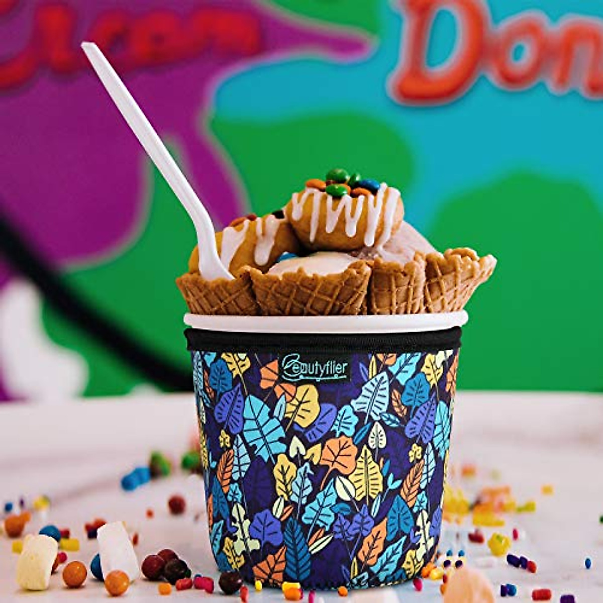 Beautyflier 2-Pieces Pint Sized Ice Cream Cozy Thicken Neoprene Ice Cream Sleeves with Elastic Handle Cover (Geometry + Plant)
