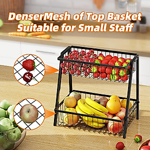 Simple Trending 2 Tier Fruit Basket Metal Wire with 4 Banana Hooks, Countertop Fruit Vegetable Basket Kitchen Organizer for Bread Snack Veggies Produce, Black