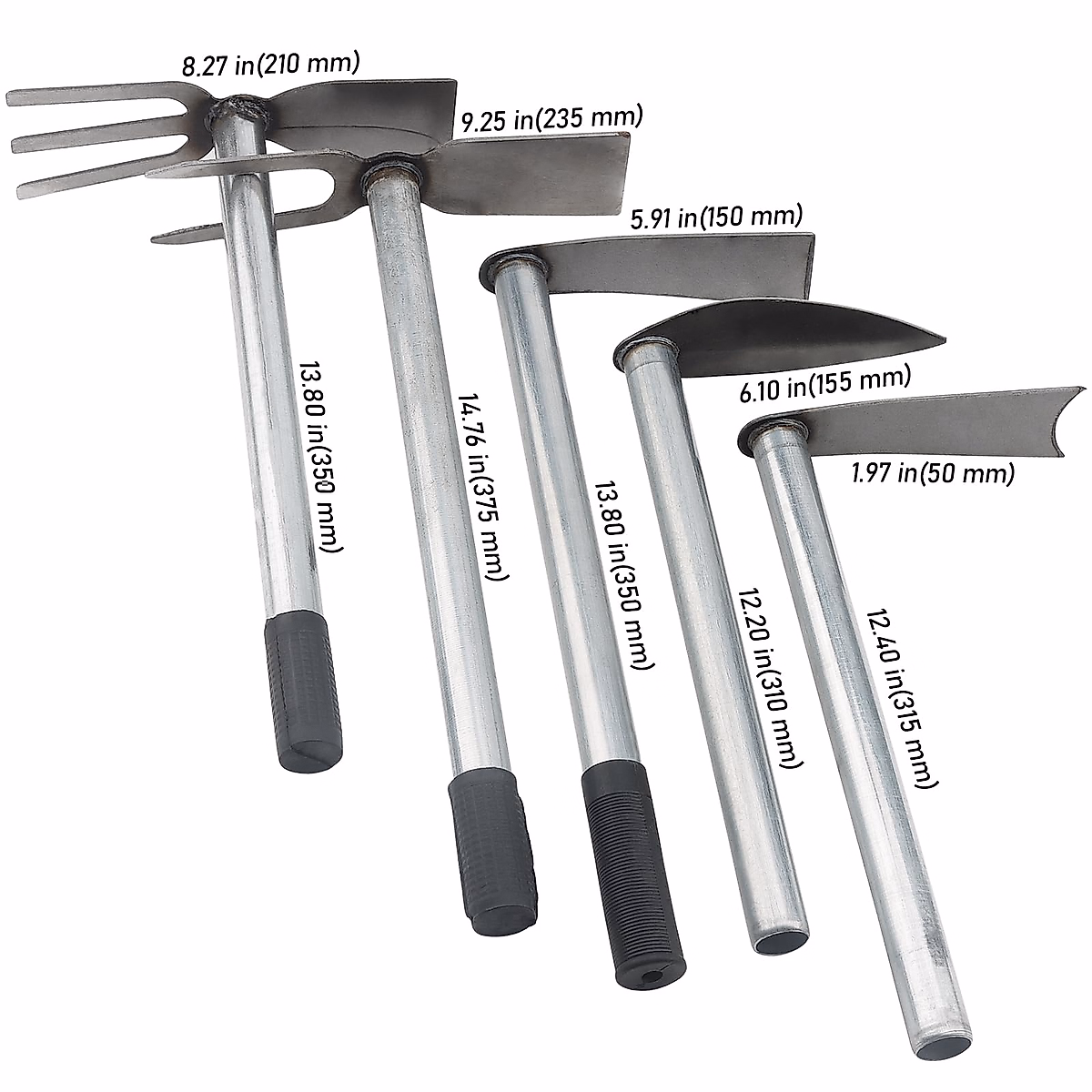 ZEONHEI 5 PCS Hoe Garden Tool Set, Hoe and Cultivator Hand Tiller, Heavy Duty Digging Hoe, 2 Fork and 3 Fork Hand Tiller for Gardening Weeding Digging Loosening Soil, Carbon Steel
