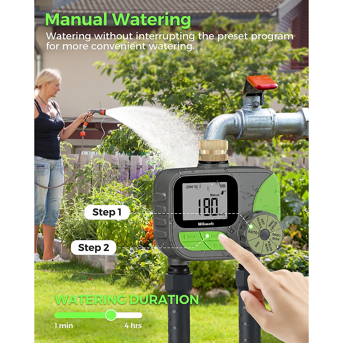 WILAWELS Brass Sprinkler Timer 2 Zone, Programmable Garden Water Timer, Automatic Irrigation Timer with Rain Delay/Manual/Auto Mode, Waterproof and Leak-Proof, for Yard, Garden, Lawn, 2 Outlet B12WT06