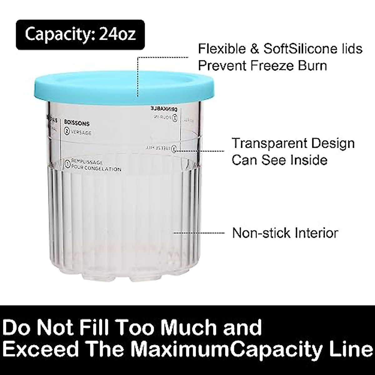 SEVEMIL Ice Cream Pints Containers, 4 Pack 24oz Cups Replacement for Ninja Deluxe Pints and Lids Compatible with NC501 NC500 Series Ice Cream Maker, Dishwasher Safe & Leak Proof Lids