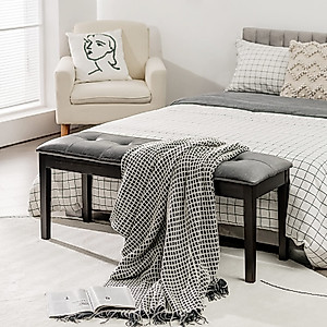 GORELAX Upholstered Dining Bench Seat with PU Leather, Button-Tufted Ottoman Accent Bench w/Rubber Wood Legs, End of Bed Bench for Bedroom, Entryway Bench for Living Room, Hallway (Grey)