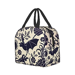 Gocerktr Halloween Bat Flower Lunch Bag for Women Men Reusable Lunch Box Waterproof Thermal Tote Bag Cute Container Work/Travel/Picnic