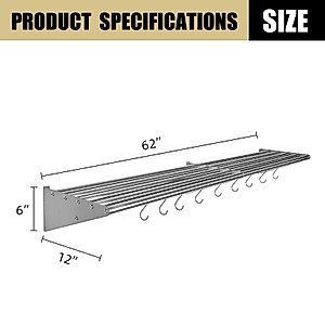 HALLY Stainless Steel Shelf Pot Rack with 9 S Hooks 12" x 62" Wall Mounted, NSF Commercial Floating Shelving for Storage Hanging Pots, Pans, cookware in Restaurant, Kitchen, Home and Hotel