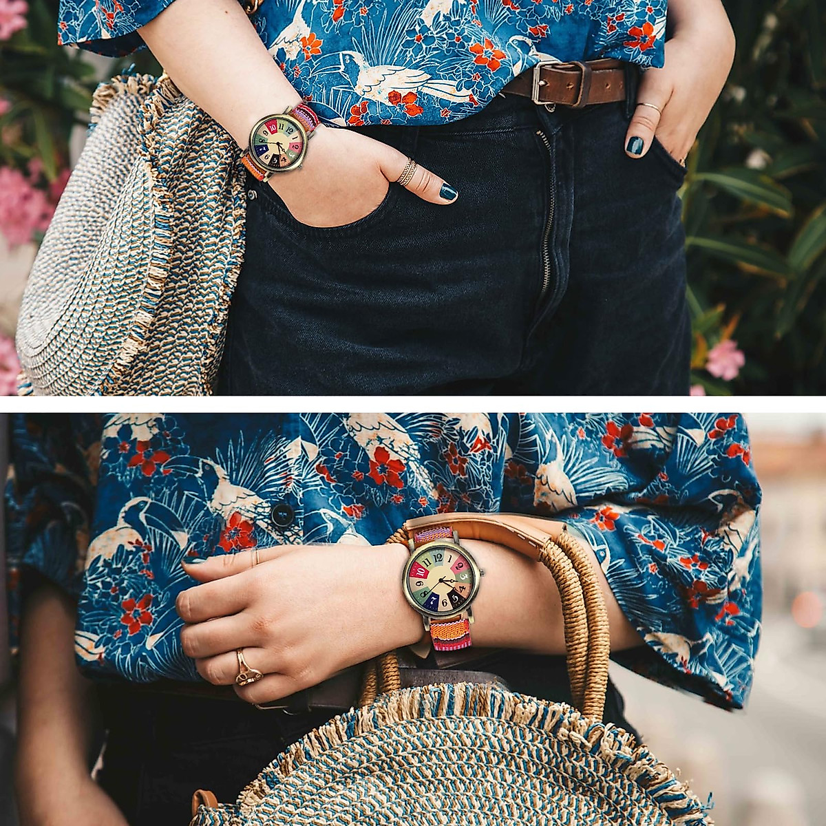 AstraMinds Mother Gift Watches for Women - Boho Hippie Ladies Watches, PU Leather Woven Rainbow Watch for Women, Colourful Women's Wrist Watches, Gifts for Women (Warm Red)