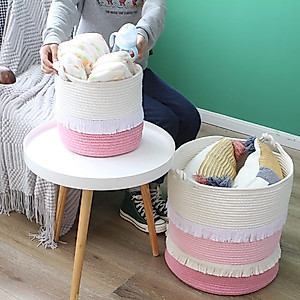 Sea Team Large Size Cotton Rope Basket with Decorative Macrame Patchwork, Cute Tassel Woven Storage Bin, Laundry Hamper, Clothes, Toys, Blankets Organizer for Baby Girls, 17 x 17 Inches, Pink