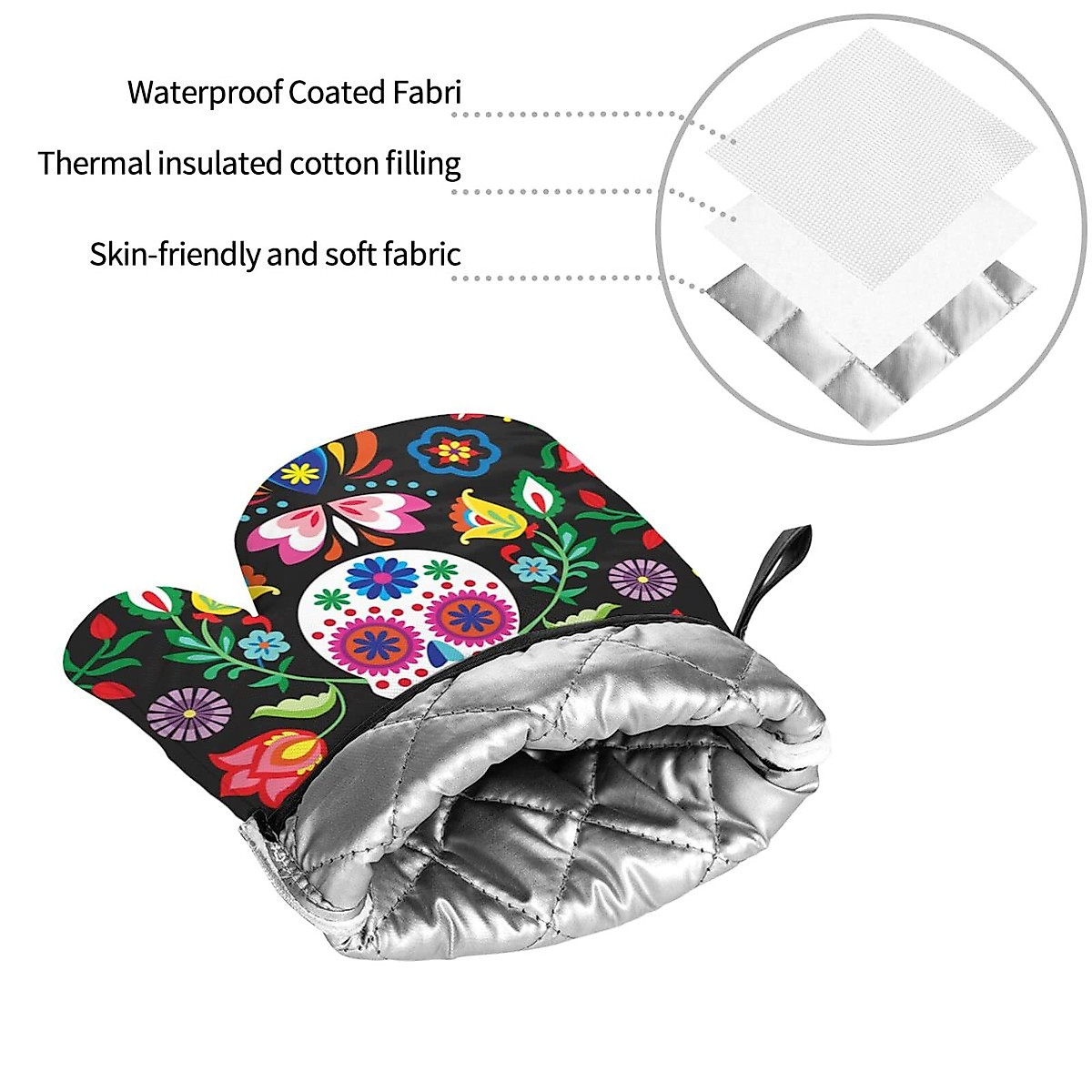 Mexican Skull Skeleton Floral Oven Mitts and Pot Holders Set of 4, Oven Mittens and Potholders Heat Resistant Gloves for Kitchen Cooking Baking Grilling BBQ