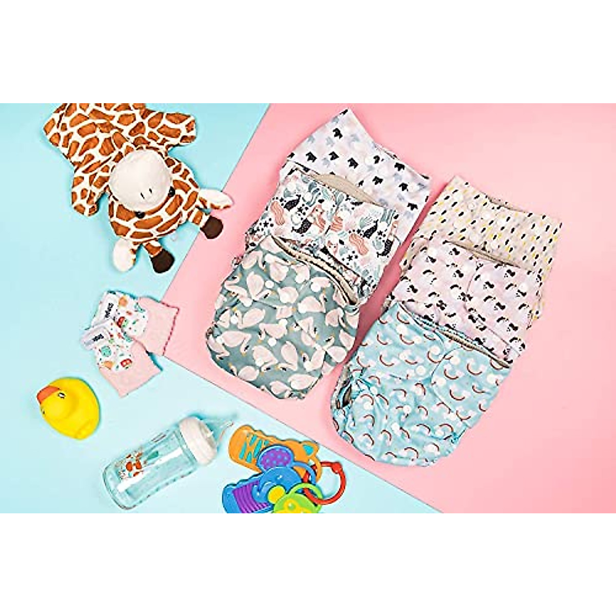 Simple Being Reusable Cloth Diapers- Double Gusset, One Size Adjustable, Washable Soft Absorbent, Waterproof Cover, Eco-Friendly Unisex Baby Girl Boy, six 4-Layers Microfiber Inserts (Whimsical)