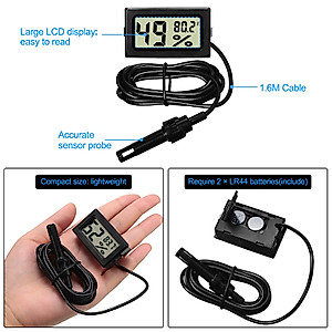 Mini Digital Temperature Humidity Meters Gauge with Probe Gauge LCD Fahrenheit Display Thermometer Hygrometer for Incubator Reptile Plant Tank Greenhouse Jars Garden Cellar(Black, 3 Pieces)
