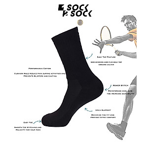 1SOCK2SOCK 6 Pack Performance Cotton Cushion Crew Athletic Sport Socks Moisture Wicking Arch Support Band Black
