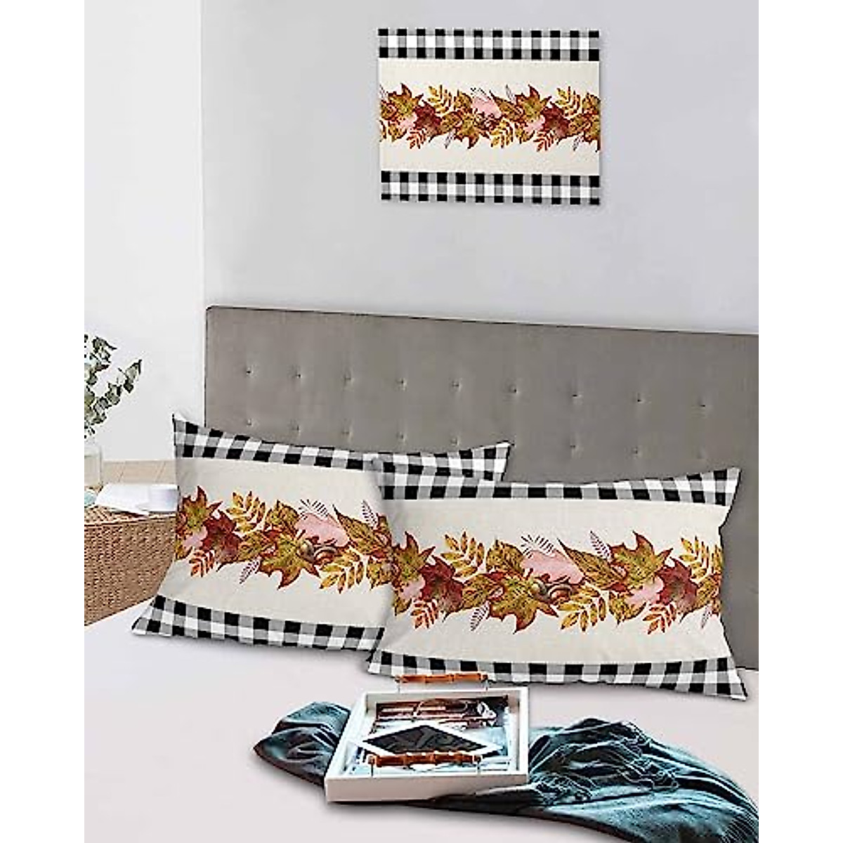 Edwiinsa Thanksgiving Pillow Covers Standard Size Set of 2 Bed Pillow, Farmhouse Fall Maple Leaf Black White Plaid Plush Soft Comfort for Hair/Skin Cooling Pillowcases with Envelop Closure 20''x26''