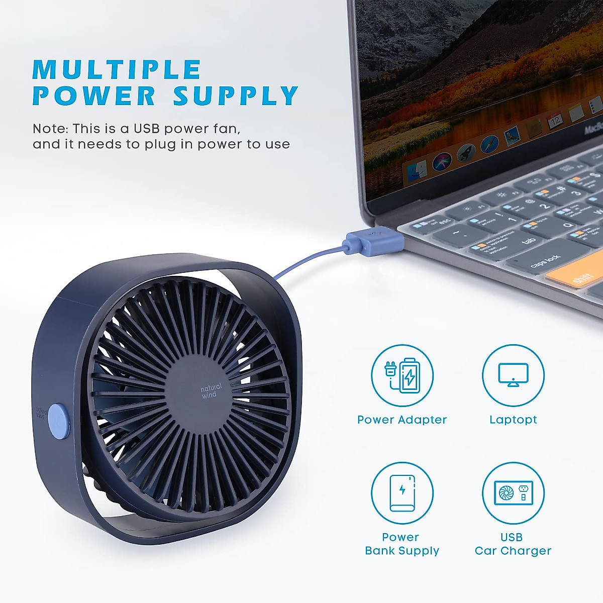 warrita 2024 Upgraded Small USB Desk Fan,3 Speeds Strong Wind, 360° Rotatable, Quiet USB Air Circulator Fan with Anti-slip Pad, Perfect Cooling for Office, Dorm, Camp, Laptop, Library - Navy Blue