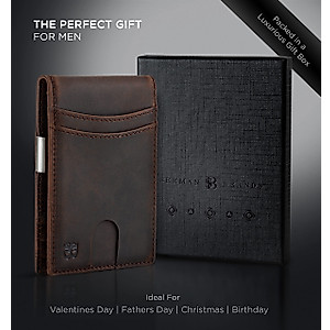 SERMAN BRANDS Mens Money Clip Wallet. RFID Blocking Slim Front Pocket Wallets for Men, Full Grain Leather RFID Minimalist Card Holder (Texas Brown Navigator)