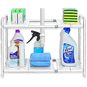 Simple Houseware Under Sink 2 Tier Expandable Heavy Duty Metal Shelf Organizer Rack, White (Expand from 15 to 25 inches)