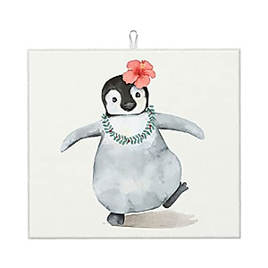 Penguin Wearing Flowers Printed Drying Mat For Kitchen Ultra Absorbent Microfiber Dishes Drainer Mats Non-Slip Silicone Quick Dry Pad - 18 X 16inch