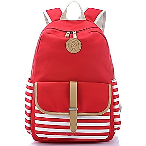 Joyfulife School Backpacks for Teen Girls Lightweight Canvas Backpack Stripe Backpack Kids Bookbags Set 3 in 1 (Red)