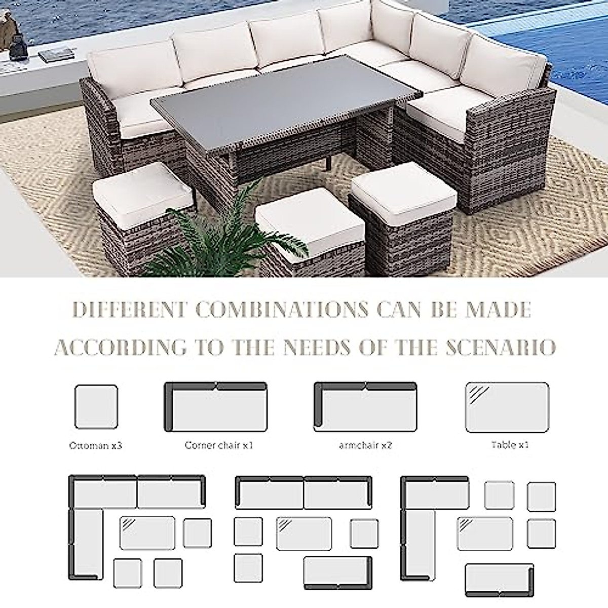 JETEAGO 7 Piece Patio Furniture Set Wicker Conversation Set Outdoor Garden Sectional Rattan Sofa with Dining Table,Ottoman for Yard Poolside, Beige