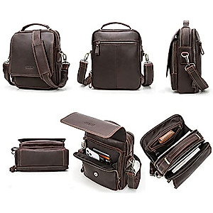 Contacts Messenger Bag for Men, Genuine Leather Crossbody Shoulder Sling Bag Mens 10.5" iPad Bag College School Travel Handbag(Coffee)