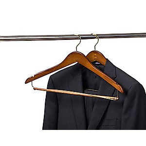 10 Quality Hangers Curved Wooden Hangers Beautiful Sturdy Suit Coat Hangers with Locking Bar Gold Hooks Walnut Finish (10)