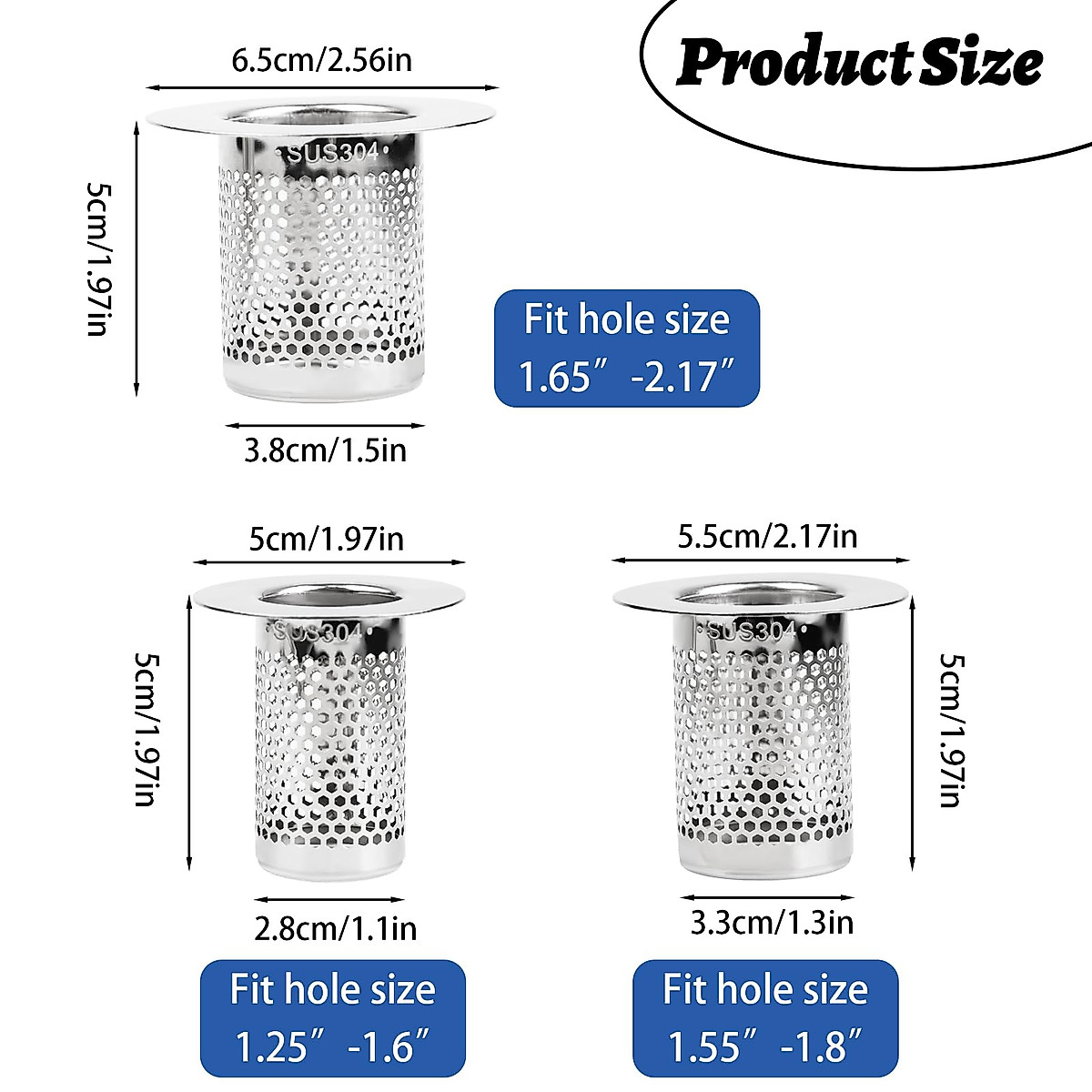 BLMHTWO 3pcs Bathtub Drain Cover, Bathroom Sink Strainer, Shower Floor Drain, Kitchen Sink Stopper, Hair Catcher Perfect for Kitchen Sink Bathtub Wash Basin Balcony Drain Hole(3 Sizes)