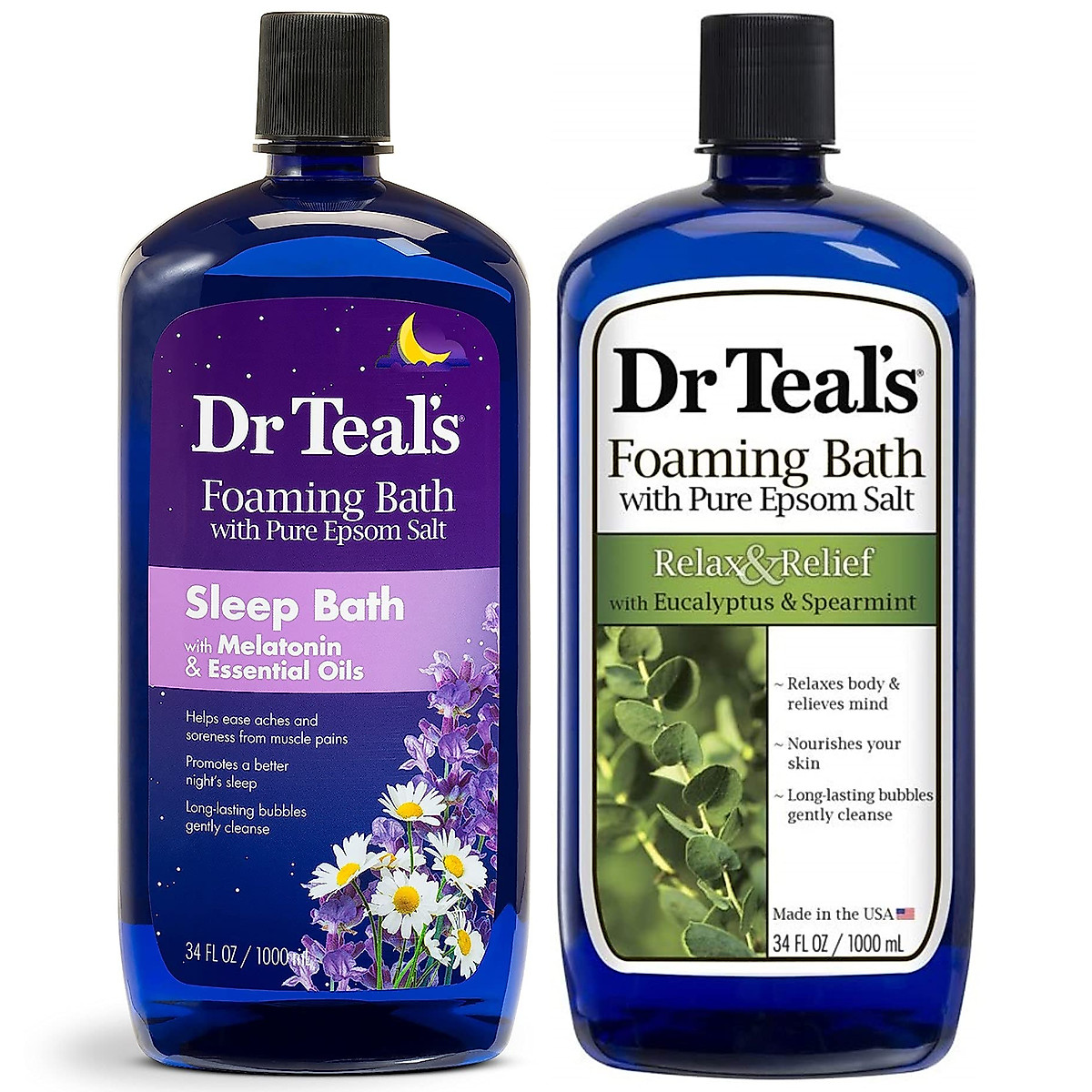 Dr Teal's Foaming Bath Variety Gift Set (2 Pack, 34oz Ea.) - Relax & Relief Eucalyptus & Spearmint, Melatonin Sleep Bath - Essential Oils Blended with Pure Epsom Salt Eases Aches & Aids in Sleep