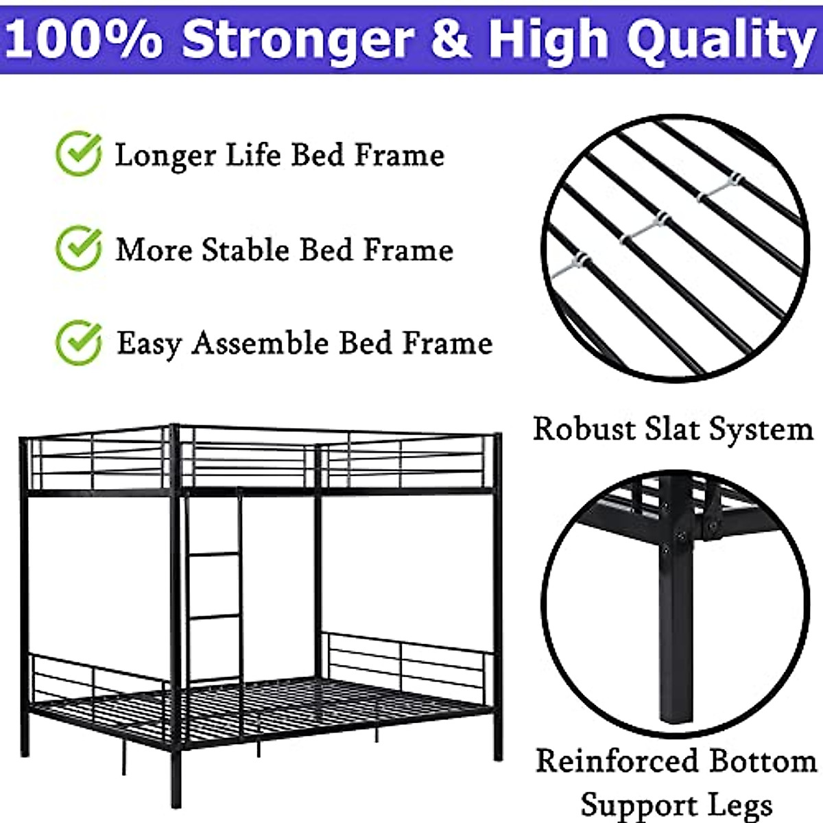 Queen Bunk Beds for Adults, Higher Quality Queen Over Queen Bunk Bed, Heavy Duty Metal Queen Bunk Bed Size for Adults and Kids, Modern Style Bunk Bed Queen Over Queen, Easy Assemble Space Saving