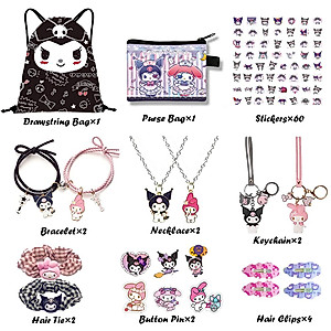MEKZU 80PCS Anime Cartoon Gift Sets Party Favors, Including Drawstring Bag Coin Wallet Stickers Brooches Bracelets Keychains Necklaces Hairpins Hair Ties