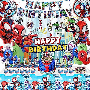Spidey and Friends Birthday Decorations Include Banner, Backdrop, Balloons, Hanging Swirls, Cake Cupcake Toppers, Tablecloth for Spidey and His Amazing Friends Birthday Decorations
