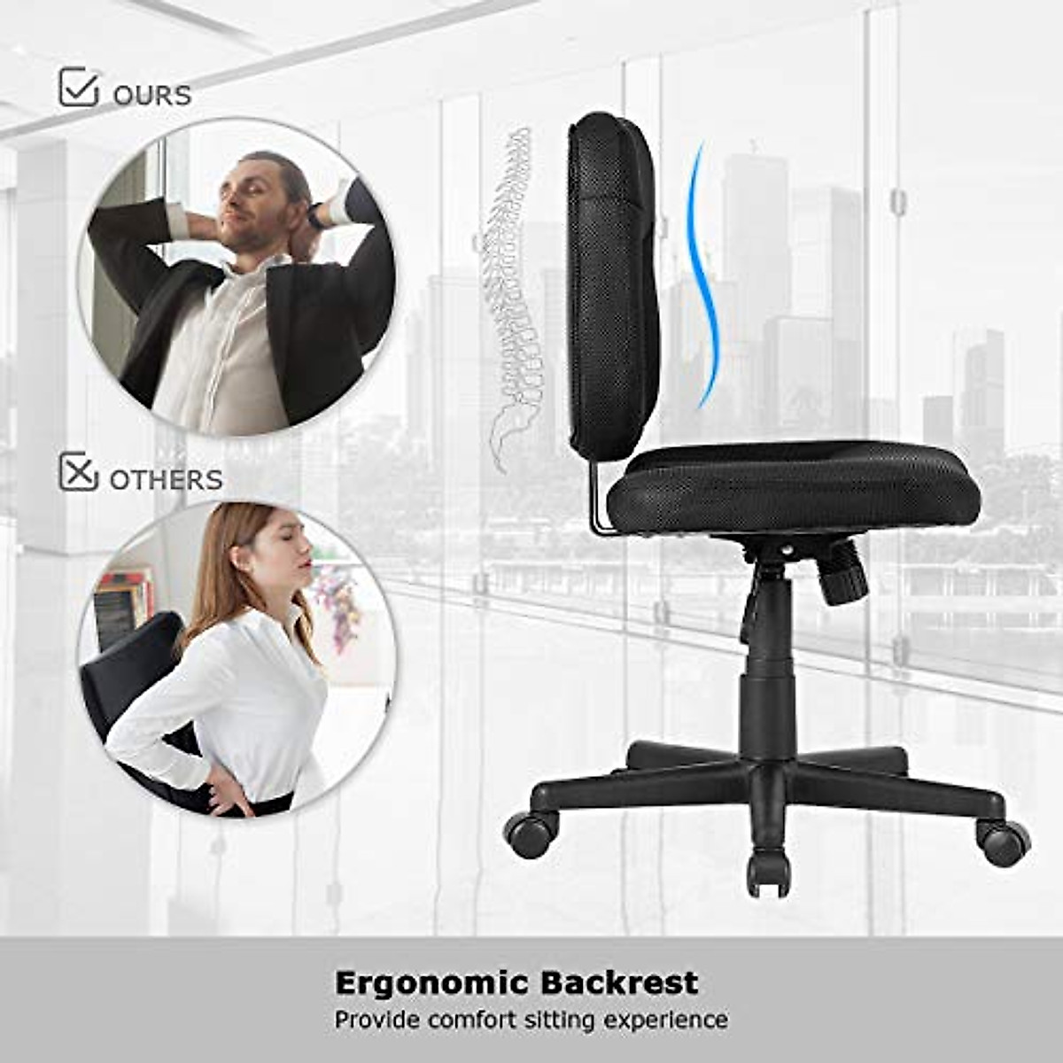 POWERSTONE Armless Office Chair Mid-Back Task Chair Swivel Ergonomic Small Desk Chair for Home Office Upholstered Low-Back Adjustable Black