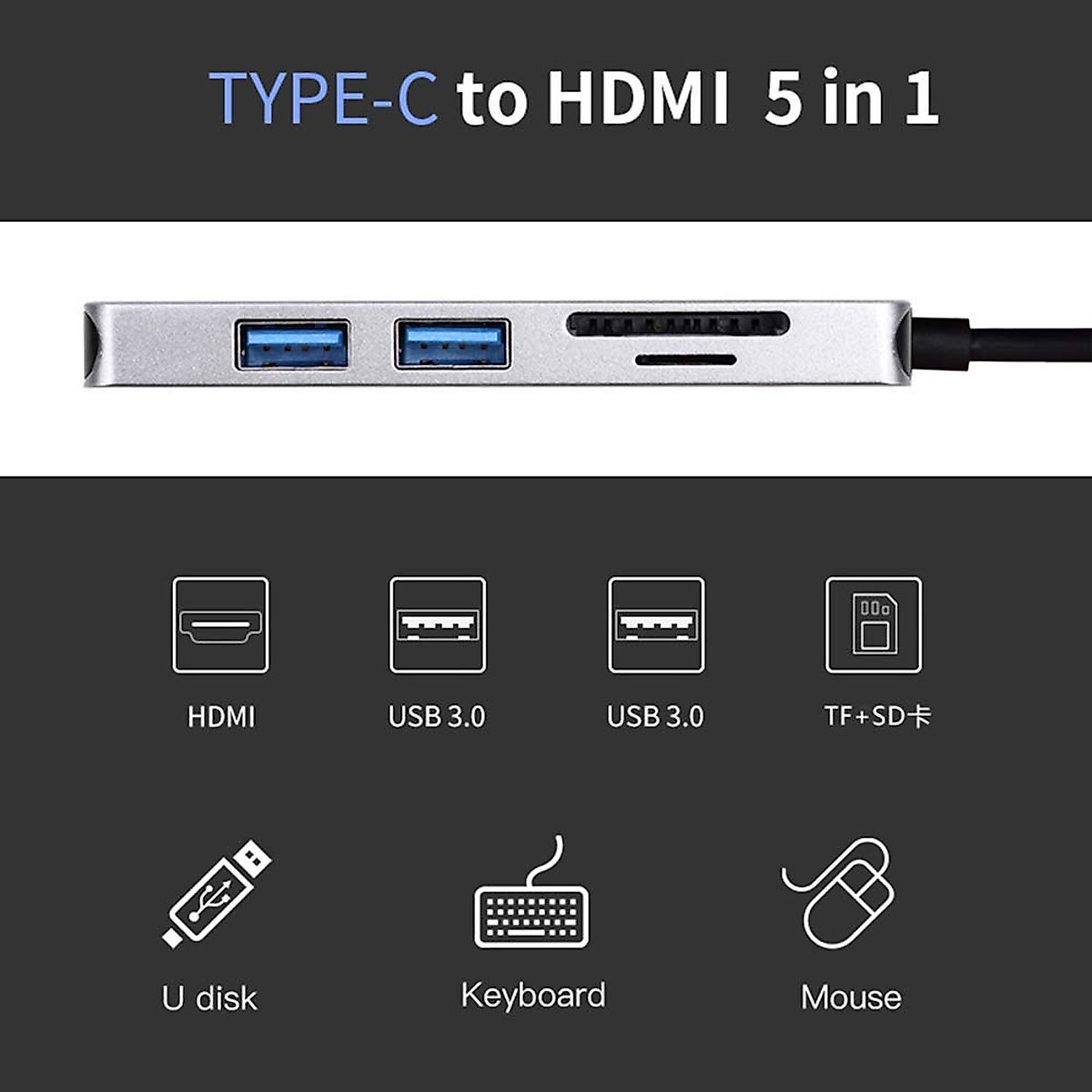 XUNMAIFHB Portable Docking Station,Type-c Expansion Dock USB-C to HDMI Converter hub Splitter USB3.0 Card Reader TF+SD Card Five in one 4K Fast Transmission, Silver