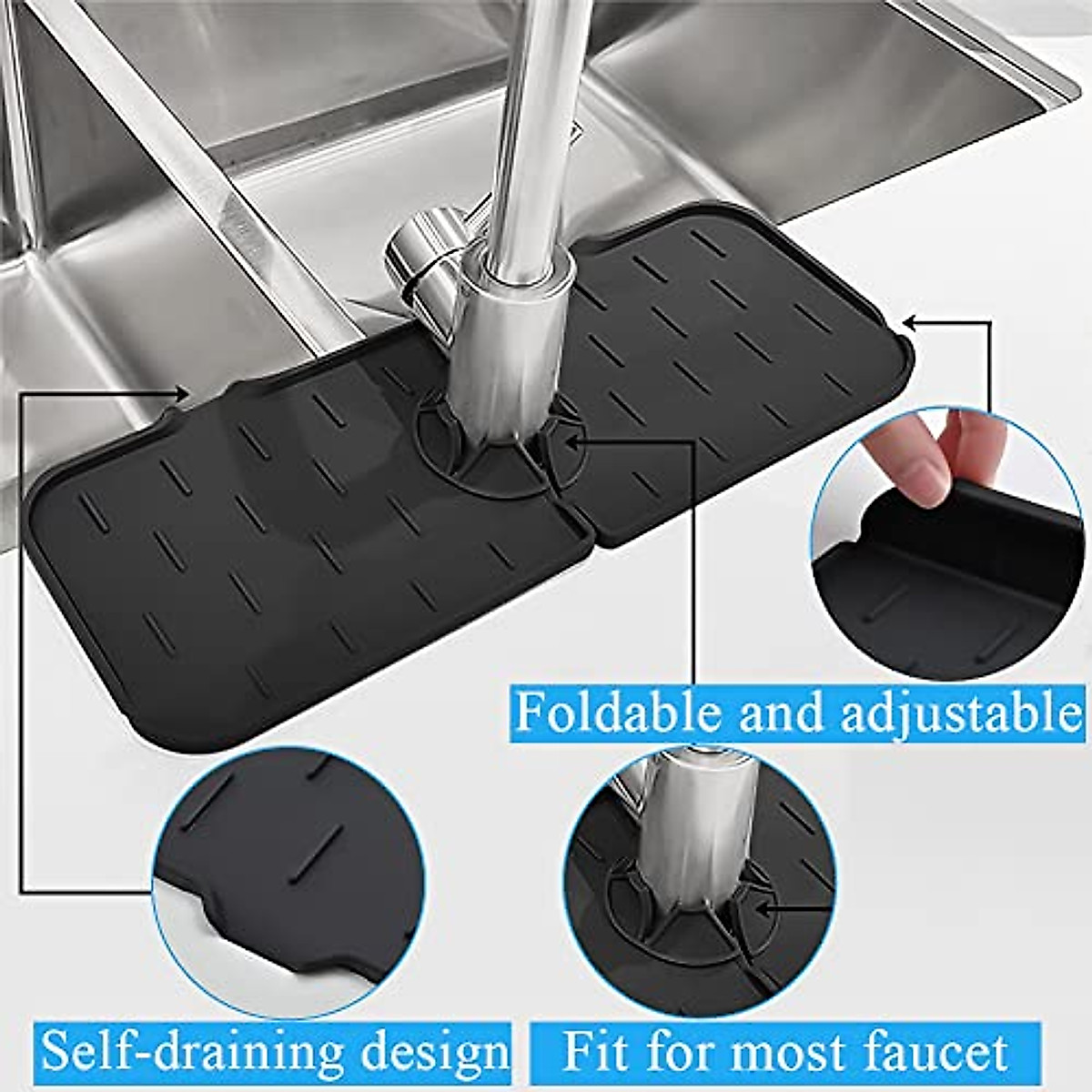 Silicone Kitchen Sink Splash Guard, VSTM Faucet Water Drip Catcher Mat, Sink Drain Pad Behind Faucet, CounterTop Protector Drying Mat Racks for Bathroom, Kitchen, Bar, RV and Farmhouse (Black)