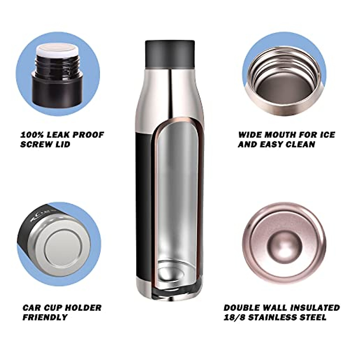 ZLINS Stainless Steel Vacuum Insulated 22oz Water Bottle Leak-Proof - Reusable Double Walled Metal Thermos - Sports Flask Great for Travel, Hiking, Camping (Black)