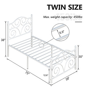 VECELO Twin Size Bed Frame with Headboard and Footboard, Heavy Duty Metal Slat Support, Platform Mattress Foundation, No Box Spring Needed, Easy Assembly, White
