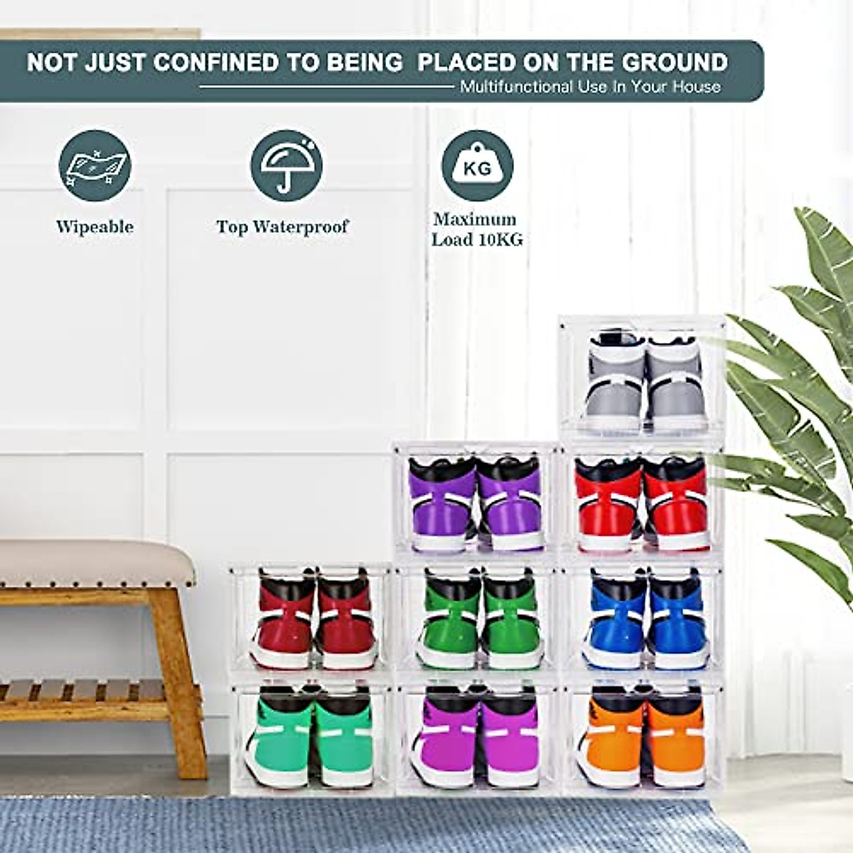 WAYTRIM 4 Pack Shoe Organizer,Stackable Plastic Shoe Box with Clear Door Shoe Storage Boxes for Sneaker AJ Clear Shoe Boxes with Lids Shoe Storage Container Fit to Women Size 13,Clear White