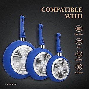 FGY 6 Pieces Nonstick Frying Pan Set with Induction Bottom - 8 inch Omelet Pan, 9.5 inch & 11 Fry Pans with Glass Lids - Dishwasher Safe (Blue)