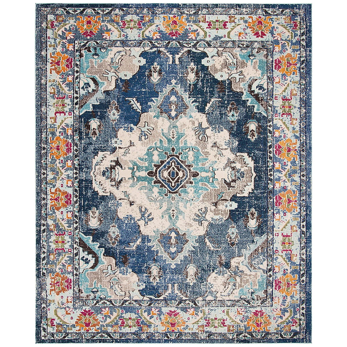 SAFAVIEH Monaco Collection Area Rug - 10' x 14', Navy & Light Blue, Boho Chic Medallion Distressed Design, Non-Shedding & Easy Care, Ideal for High Traffic Areas in Living Room, Bedroom (MNC243N)