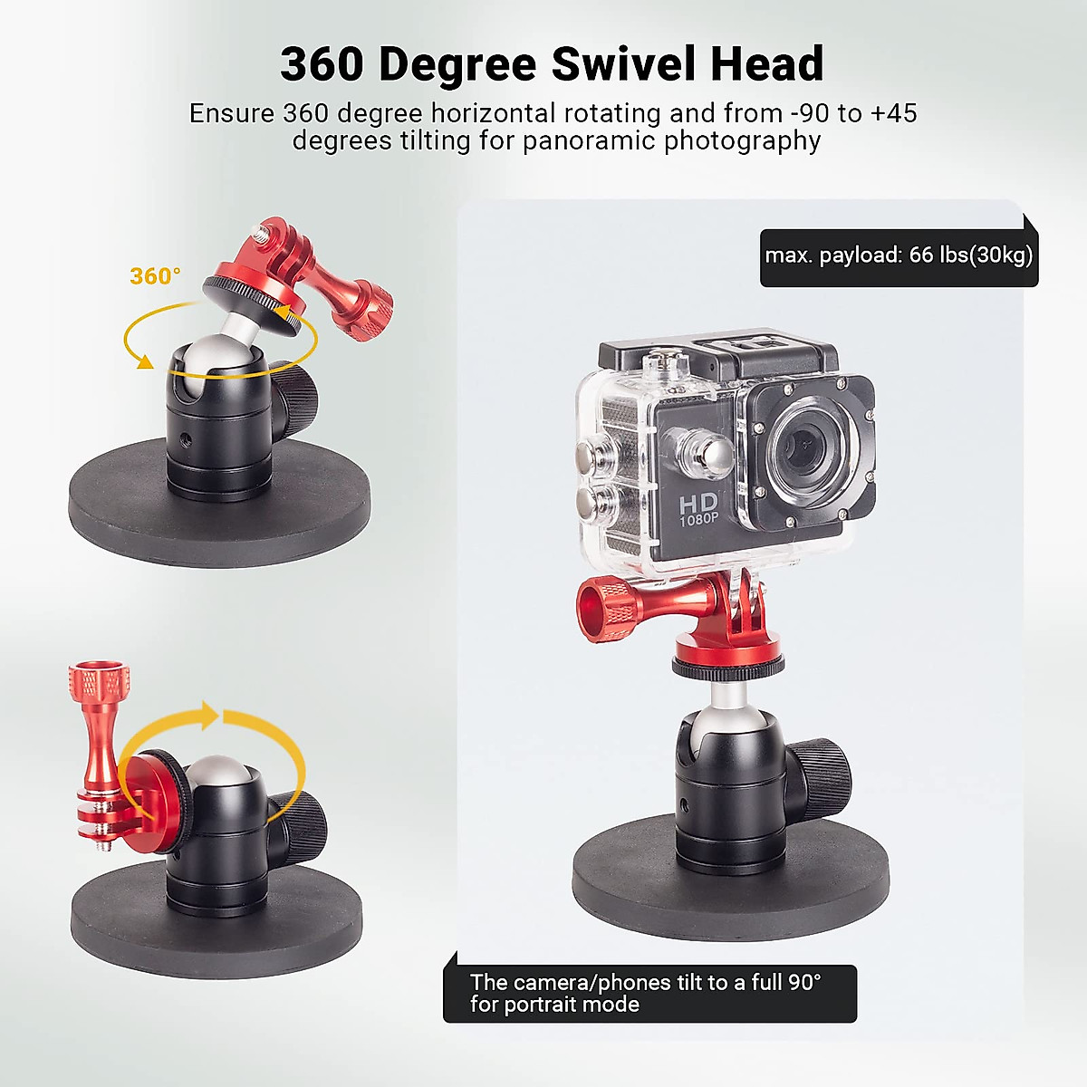 MOSHUSO 3.5"/88mm Wide Magnetic Camera Mount for Gopro, 360° Rotatable Tripod Ball Head Mount for Action Cameras, Rubber Coated Magnet Base Ideal for Mounting Action Cameras to Cars or Metal Surface