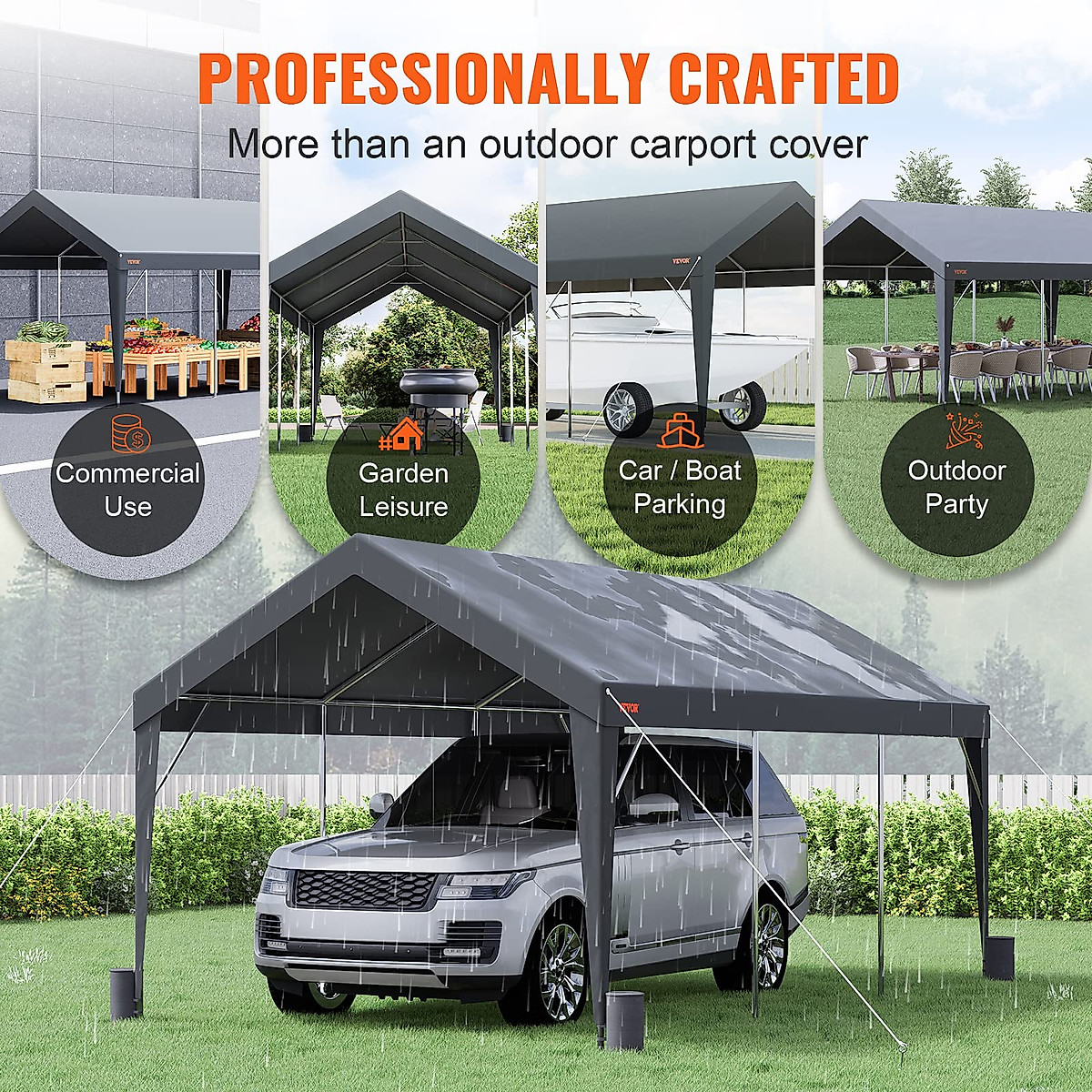 VEVOR Outdoor 10x20 ft Heavy Duty Carport Car Canopy Garage Boat Shelter Party Tent with 8 Reinforced Poles and 4 Weight Bags, UV Resistant Waterproof All-Season Tarp for SUV, F150, Car, Truck, Boat