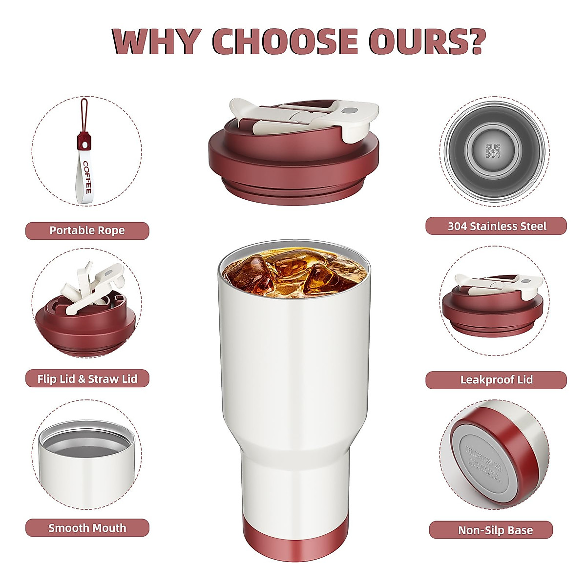 MURRICON 18 oz Stainless Steel Travel Coffee Mug,Vacuum Insulated Coffee Tumbler,Portable Coffee Cups with Lid and Straw,Red