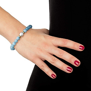 14K Gold Aquamarine and Freshwater Pearl Stretch Bracelet for Women,6.5"