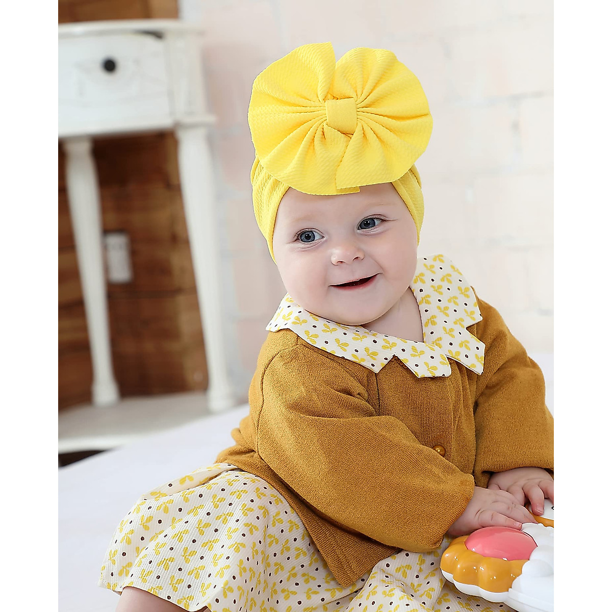 Cinaci 8 Pack Solid Knotted Bowknot Big Hair Bow Beanie Turban Hats Caps Wide Headwraps for Baby Girls Infants Toddlers Little Kids