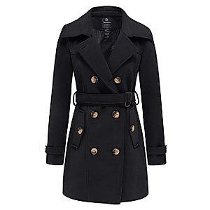 wantdo Women's Double Breasted Pea Coat Winter Jacket with Belt Black Small