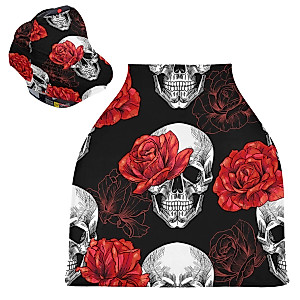 Nursing Cover Breastfeeding Scarf Skull and Red Roses- Baby Car Seat Covers, Stroller Cover, Carseat Canopy (v)