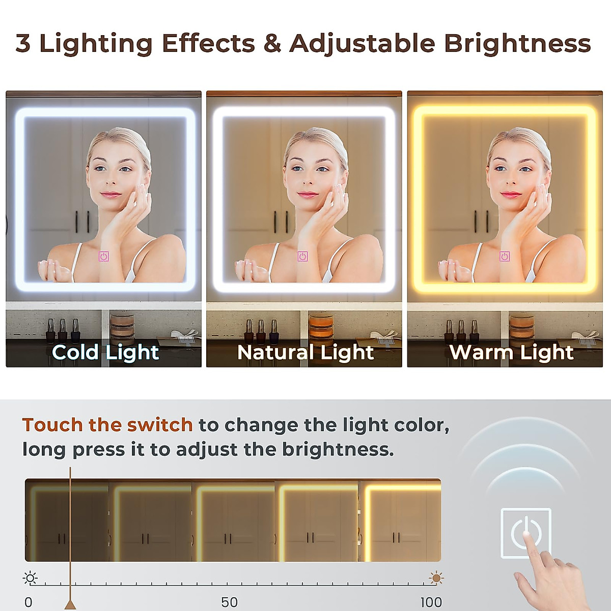 BTHFST Farmhouse Vanity with Glass Top & Charging Station, Vanity Desk with Touch Screen Mirror and Lights, Makeup Vanity with 5 Drawers & Shelves & Cabinet, Antique White