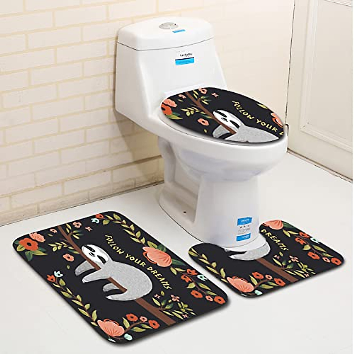 3 Pcs Bathroom Rugs+Lid Toilet Cover+Bath Mat Set, Follow Your Dreams Sloth Pattern Non Slip Flannel Carpets for Home Bedroom Bathroom Decor (Large)