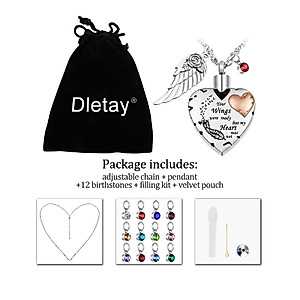 Dletay Heart Cremation Necklace for Ashes Cremation Jewelry with 12 Birthstones Urn Necklace for Ashes-Your Wings were Ready but My Heart was Not